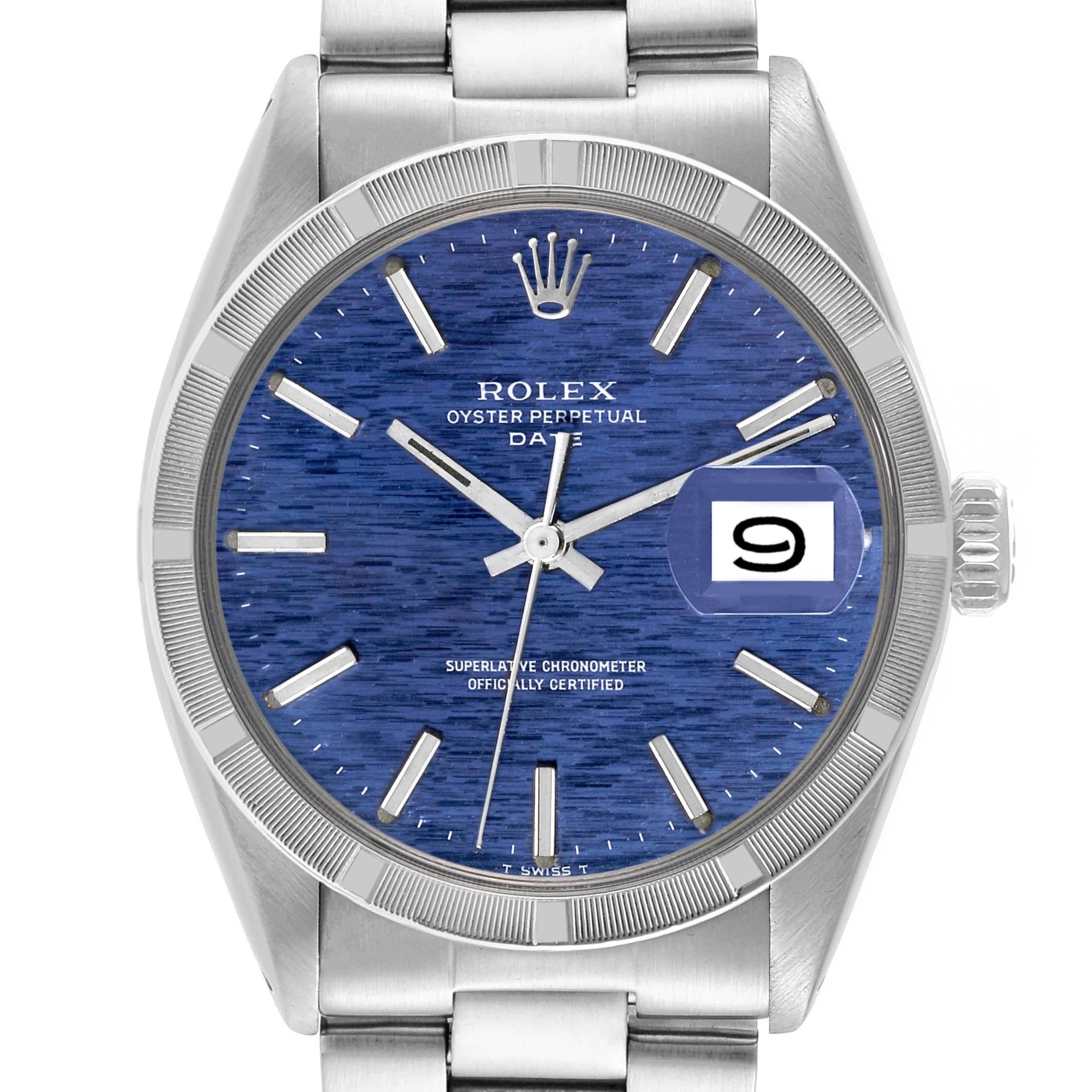 Rolex Date Blue Brick Dial Engine Turned Bezel Vintage Steel Mens Watch ...