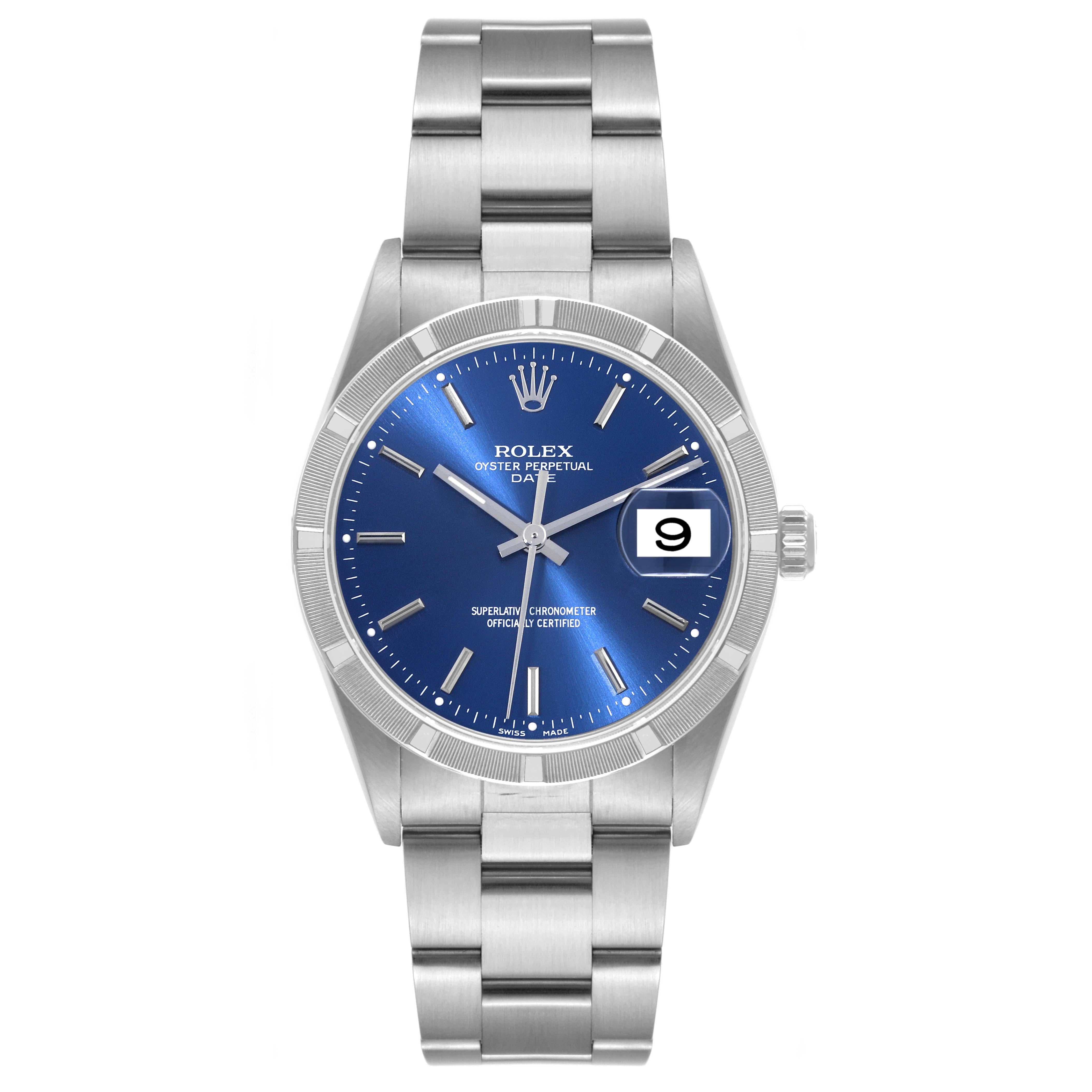 Rolex Date Blue Dial Engine Turned Bezel Steel Mens Watch 15210 For ...