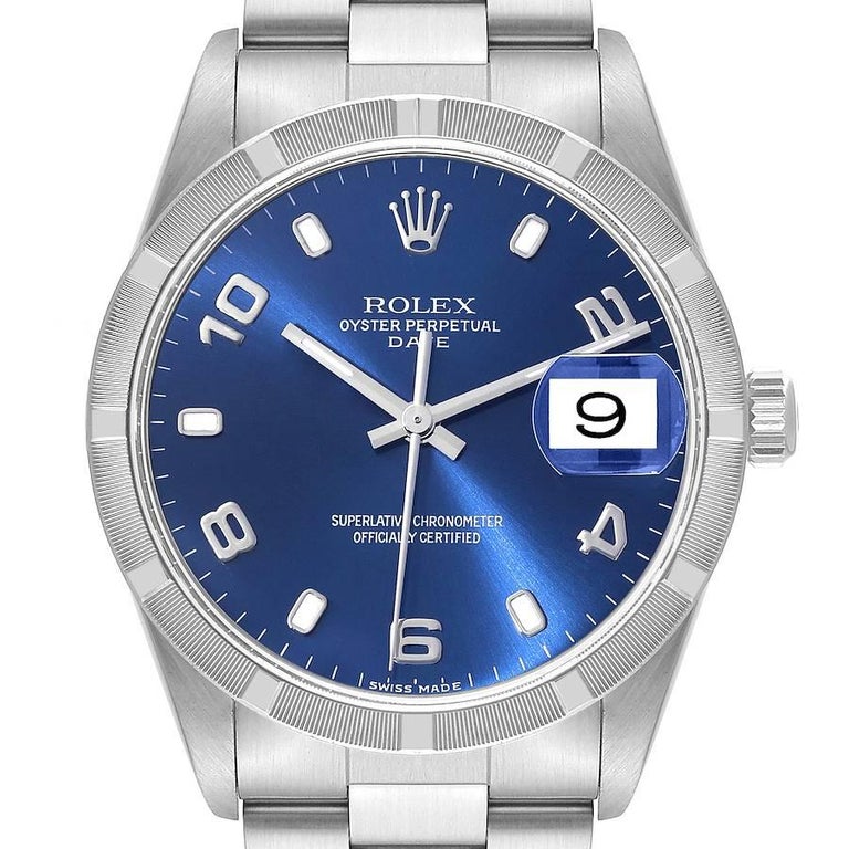 Rolex Date Blue Dial Engine Turned Bezel Steel Mens Watch 15210 For ...