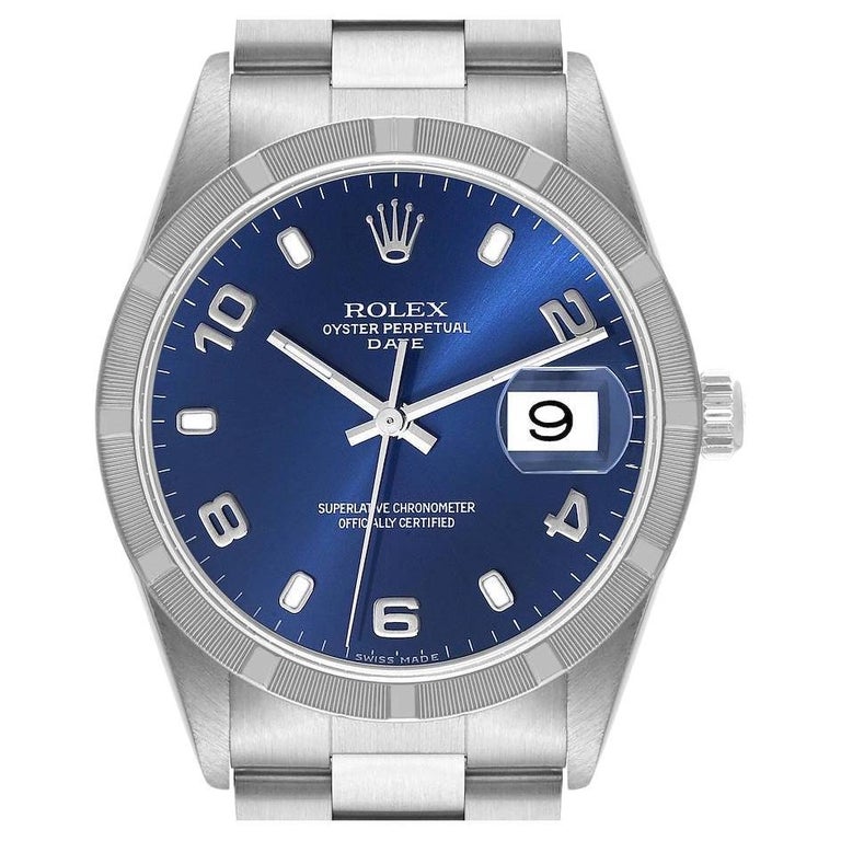 Rolex Date Blue Dial Engine Turned Bezel Steel Mens Watch 15210 For ...