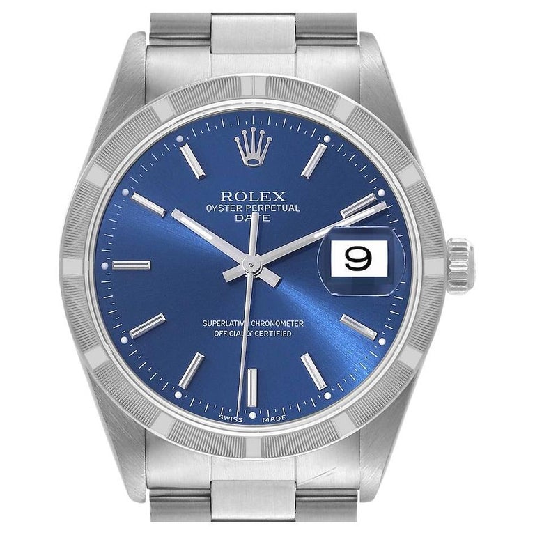 Rolex Date Blue Dial Engine Turned Bezel Steel Mens Watch 15210 For ...
