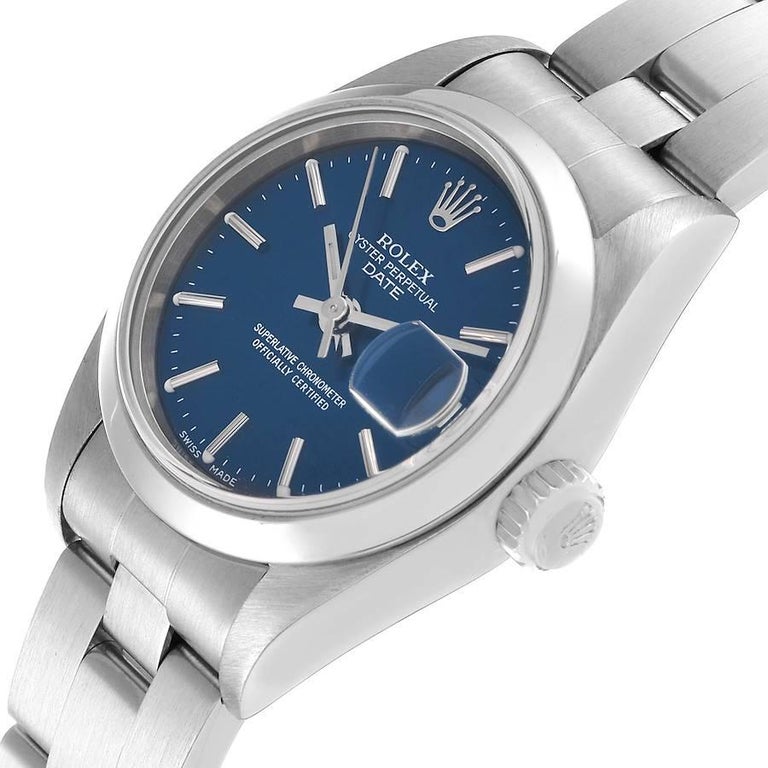 Rolex Date Blue Dial Smooth Bezel Oyster Bracelet Steel Ladies Watch ...