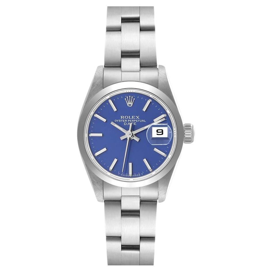 Rolex Date Blue Dial Smooth Bezel Steel Ladies Watch 69160 Box Papers ...