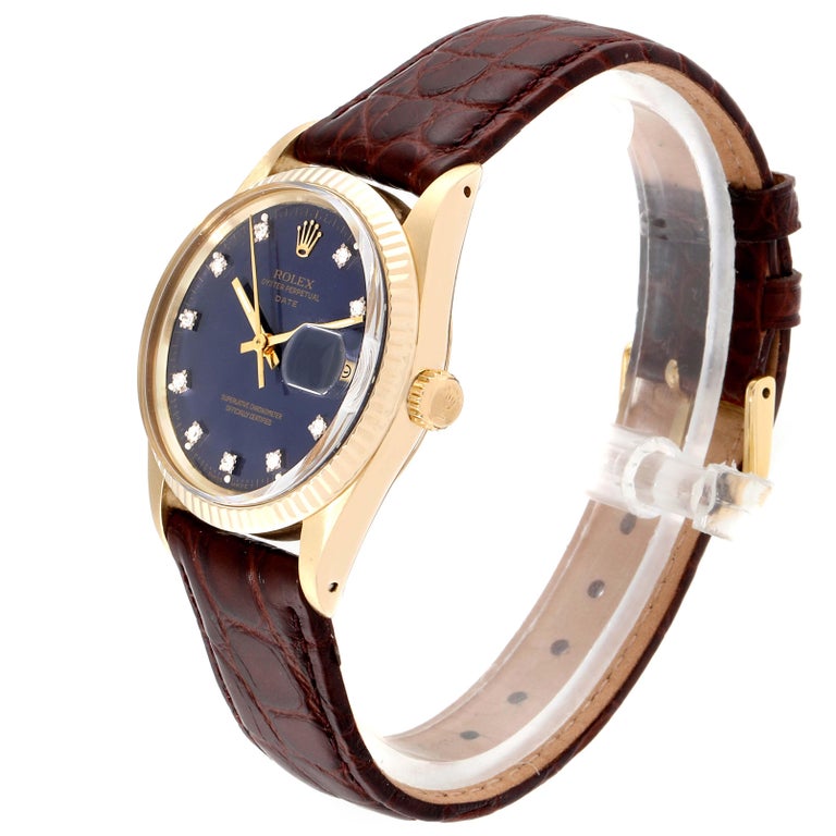 Rolex Date Men's Blue Diamond Dial Yellow Gold Vintage Men's Watch ...