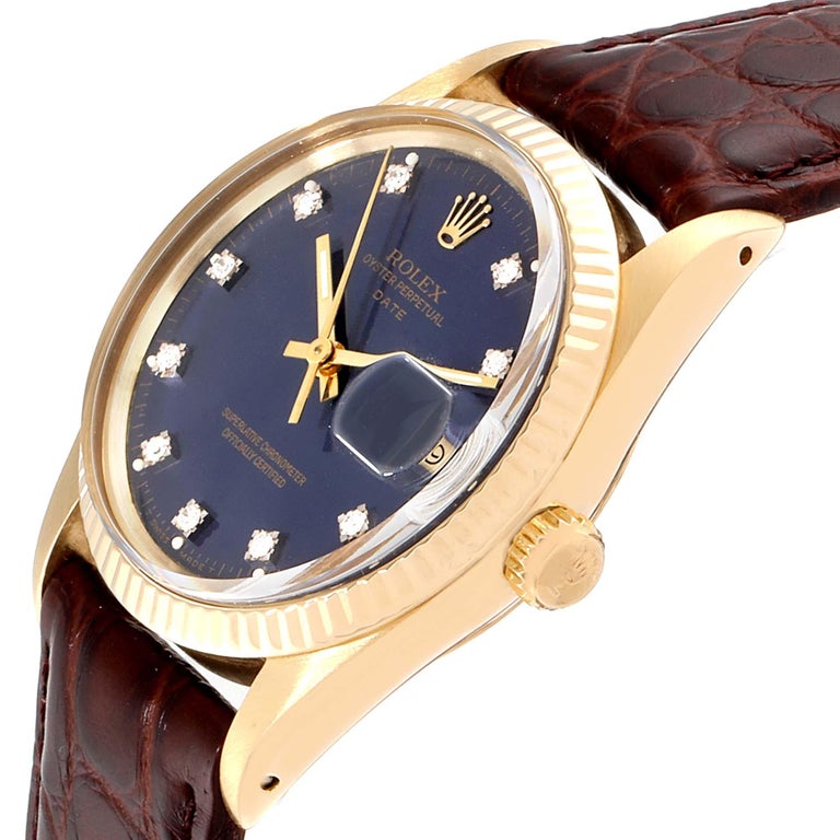 Rolex Date Men's Blue Diamond Dial Yellow Gold Vintage Men's Watch ...