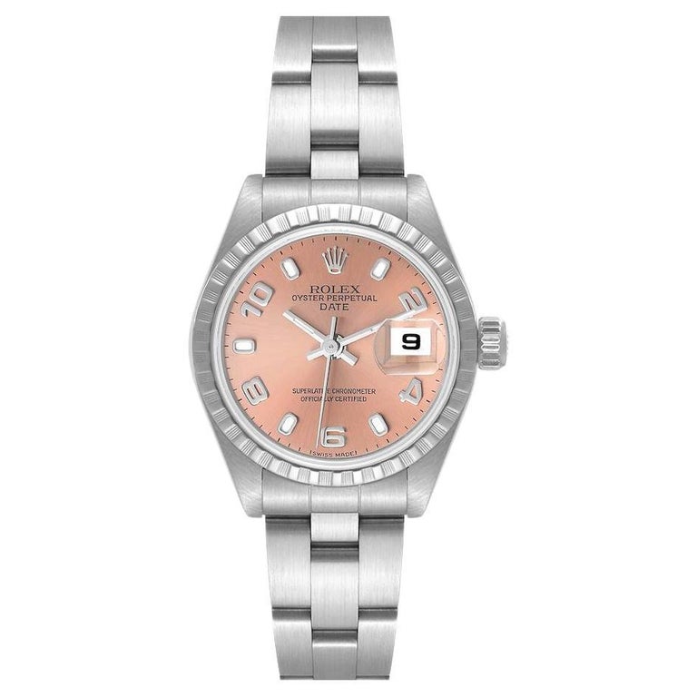 Rolex Date Salmon Dial Engine Turned Bezel Steel Ladies Watch 79240 For ...