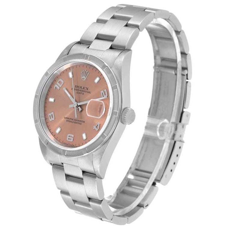 Rolex Date Salmon Dial Engine Turned Bezel Steel Mens Watch 15210 For ...