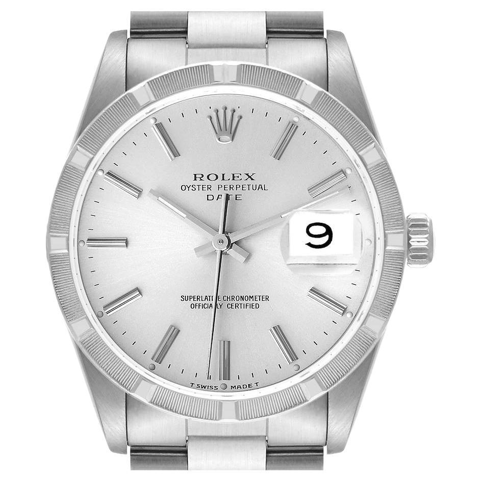 Rolex Date Black Dial Engine-Turned Bezel Steel Mens Watch 15210 at 1stDibs