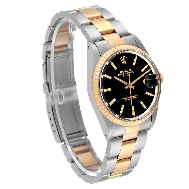 Rolex Date Steel Yellow Gold Engine Turned Bezel Black Dial Mens Watch ...