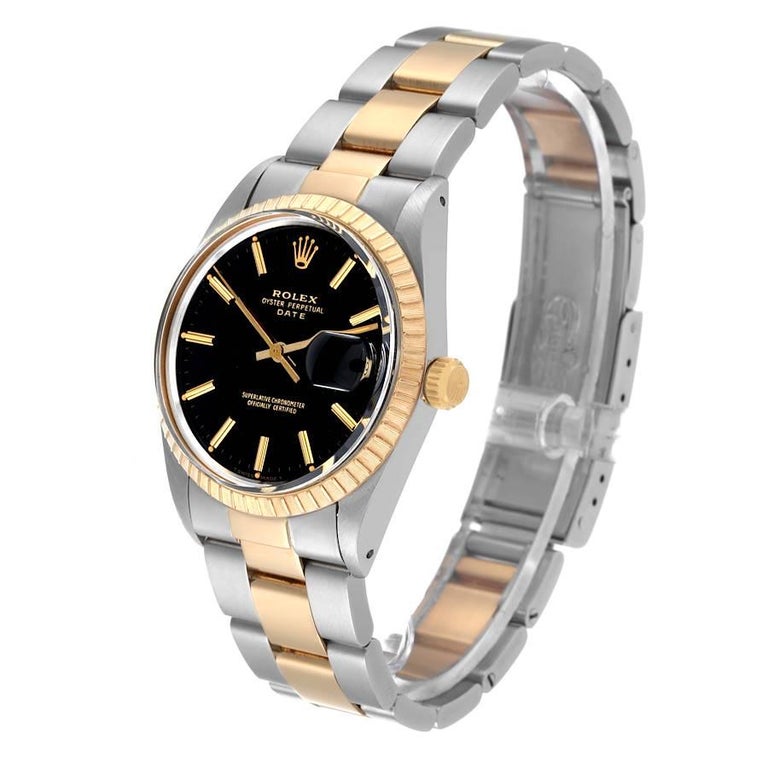 Rolex Date Steel Yellow Gold Engine Turned Bezel Black Dial Mens Watch ...