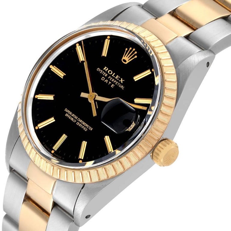 Rolex Date Steel Yellow Gold Engine Turned Bezel Black Dial Mens Watch ...