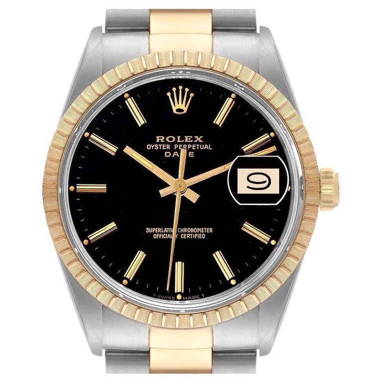 Rolex Date Steel Yellow Gold Engine Turned Bezel Black Dial Mens Watch ...