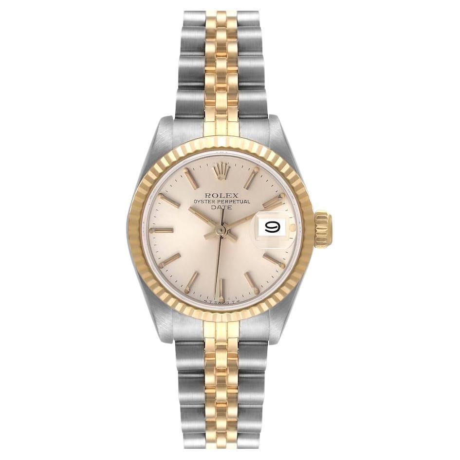 Rolex Date Steel Yellow Gold Fluted Bezel Ladies Watch 69173 at 1stDibs