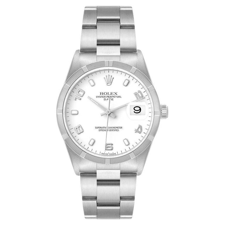 Rolex Date White Dial Engine Turned Bezel Steel Mens Watch 15210 For ...