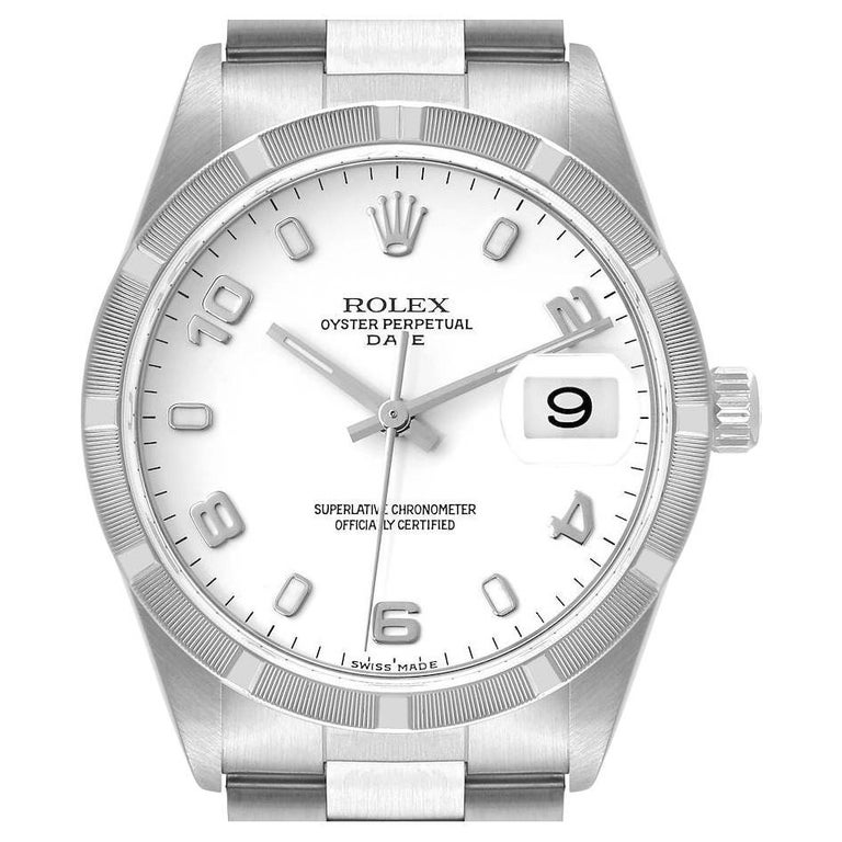Rolex Date White Dial Engine Turned Bezel Steel Mens Watch 15210 For ...