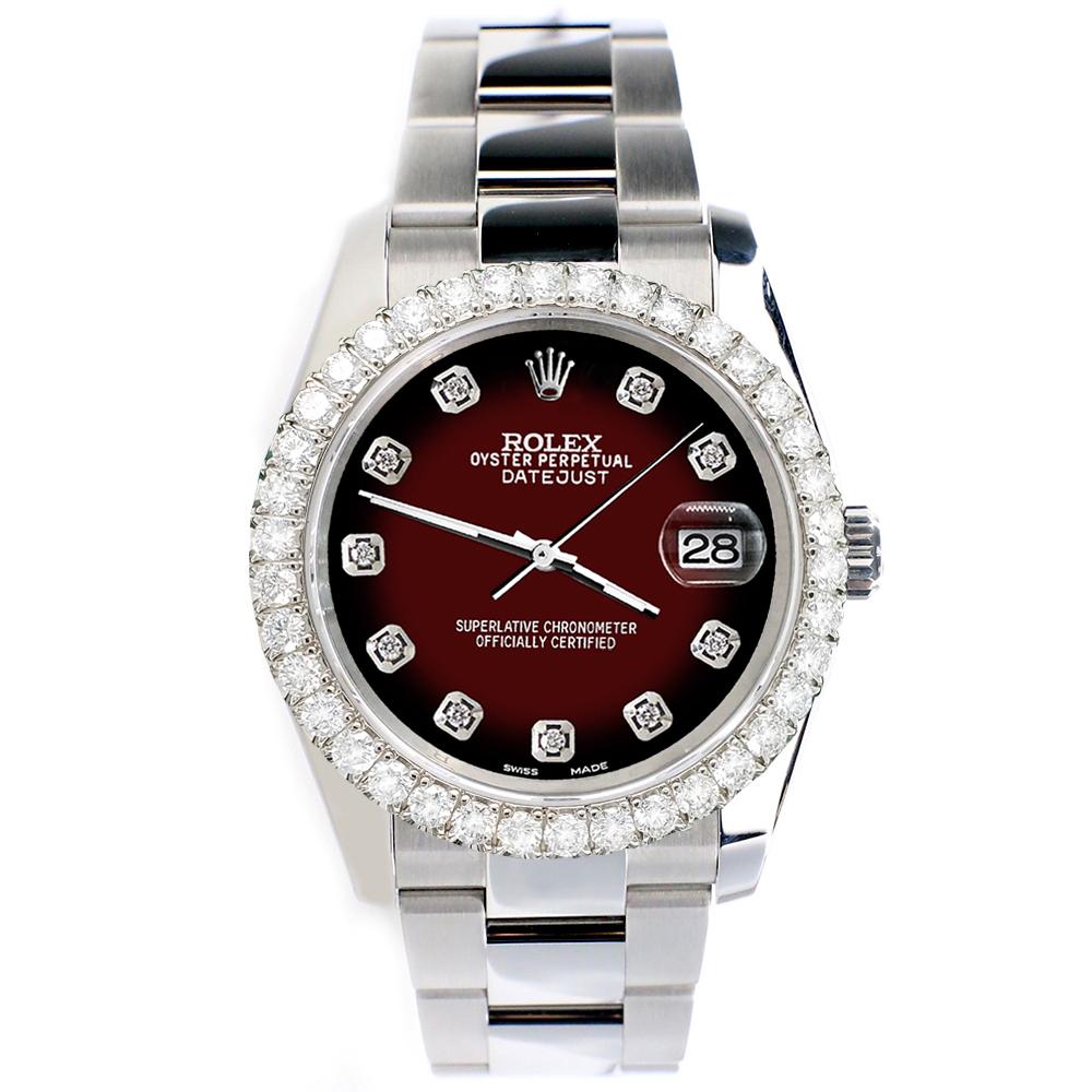 Rolex Datejust 116200 36mm 2.7ct Diamond Bezel/Maroon Vignette Dial ...