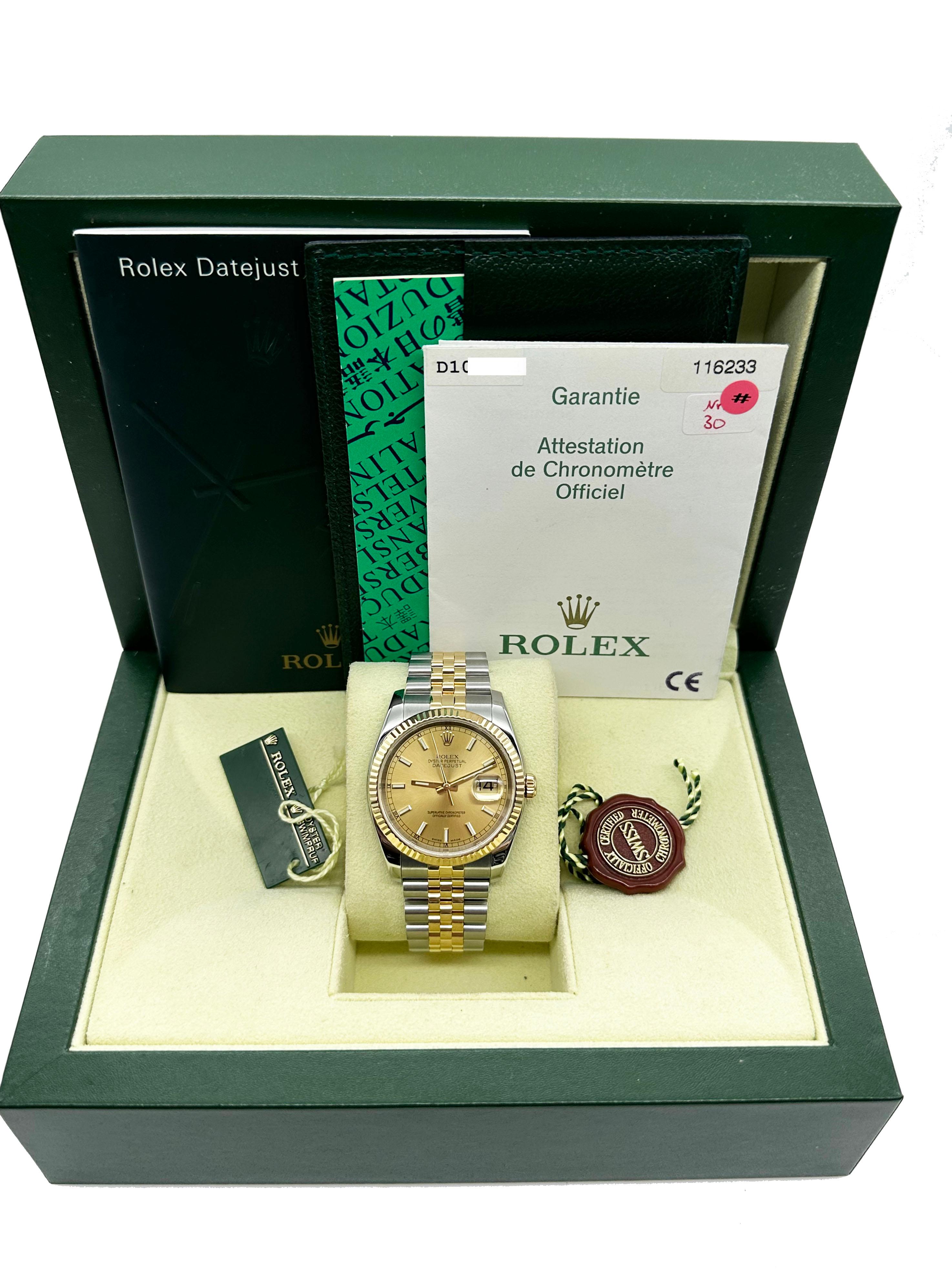 Rolex Datejust 116233 36mm Champagne Dial 18K Gold Stainless Steel Box ...