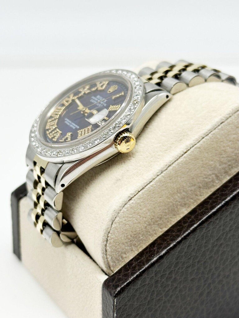 Rolex Datejust 1601 Blue Roman Diamond Dial Bezel 14K Yellow Gold Steel ...