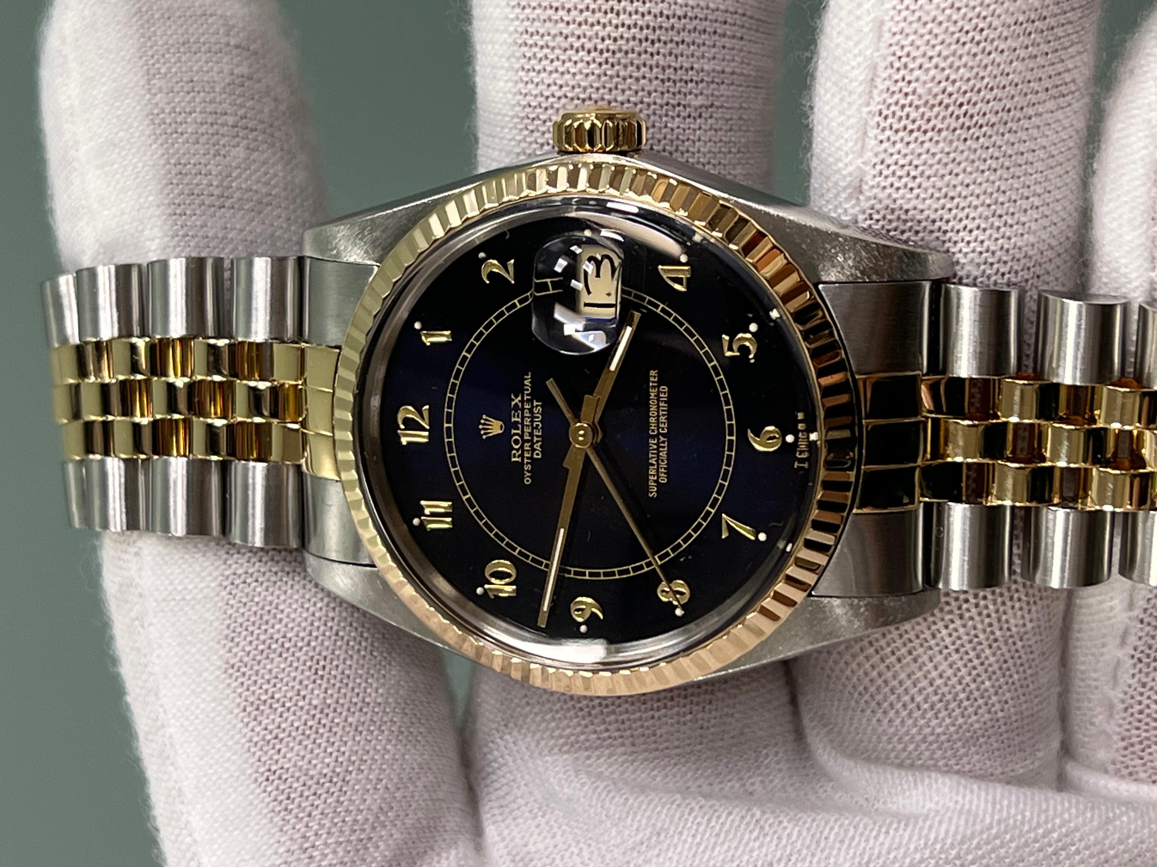 Rolex Datejust 16013 Blue Boiler Gauge Dial 18K Yellow Gold Steel Box ...