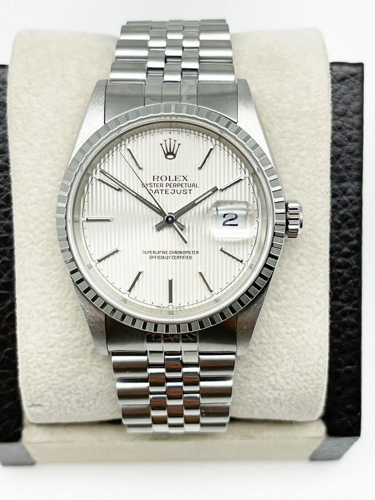 Rolex Datejust 16220 Silver Tapestry Dial Stainless Steel Box Paper For ...