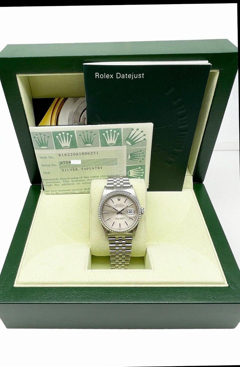Rolex Datejust 16220 Silver Tapestry Dial Stainless Steel Box Paper For ...