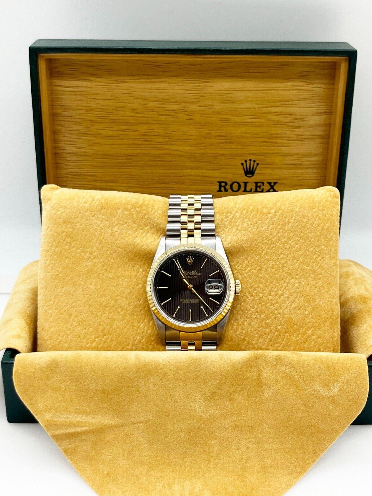 Rolex Datejust 16233 Black Tapestry Dial 18K Yellow Gold Stainless Box ...