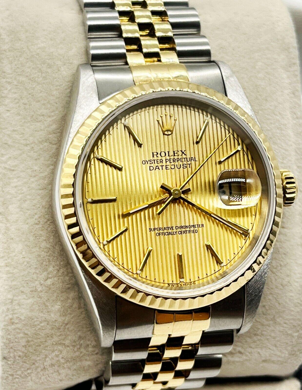 Rolex Datejust 16233 Champagne Tapestry Dial 18K Yellow Gold Stainless ...
