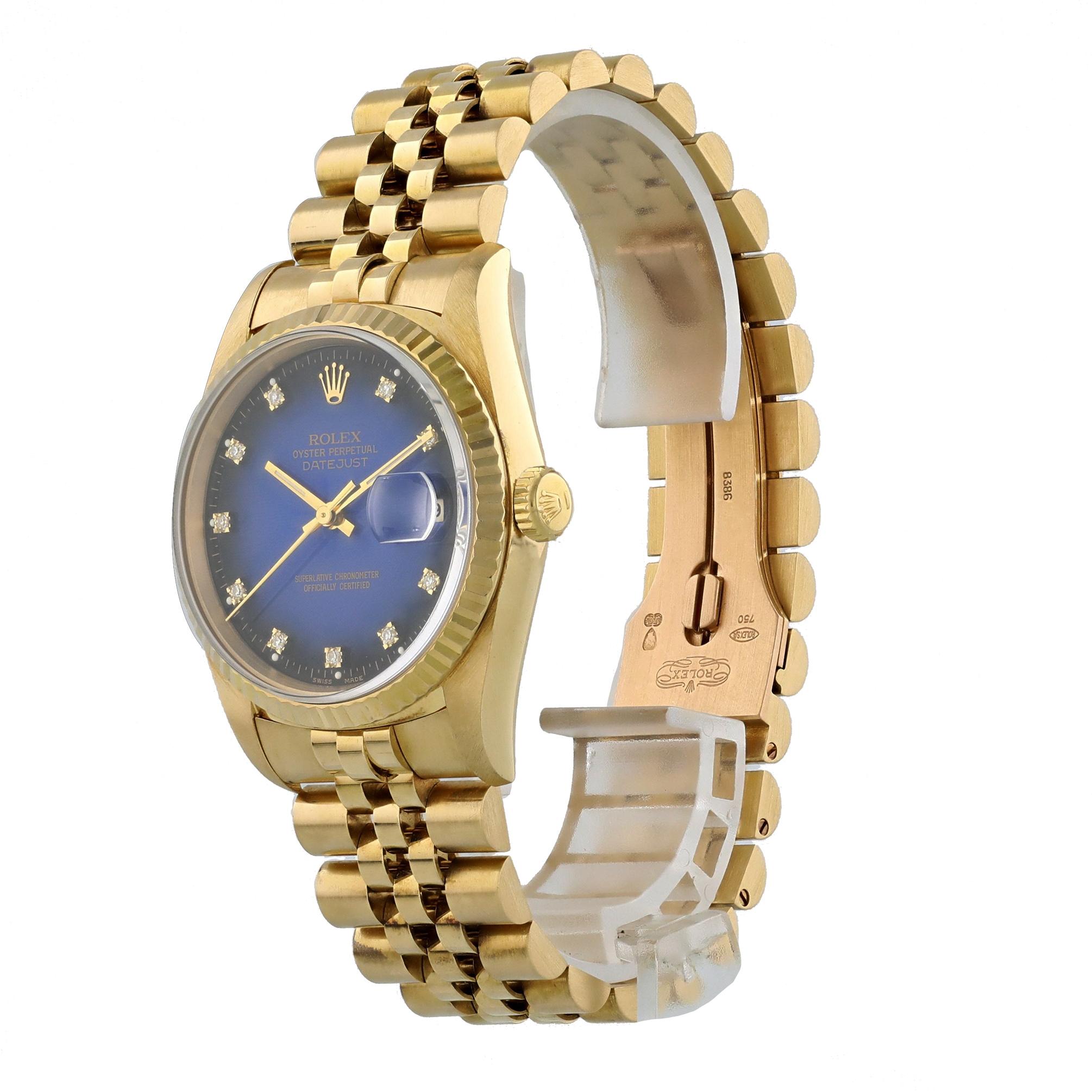 Rolex Datejust 16238 18 Karat Yellow Gold Blue Vignette Diamond Dial ...
