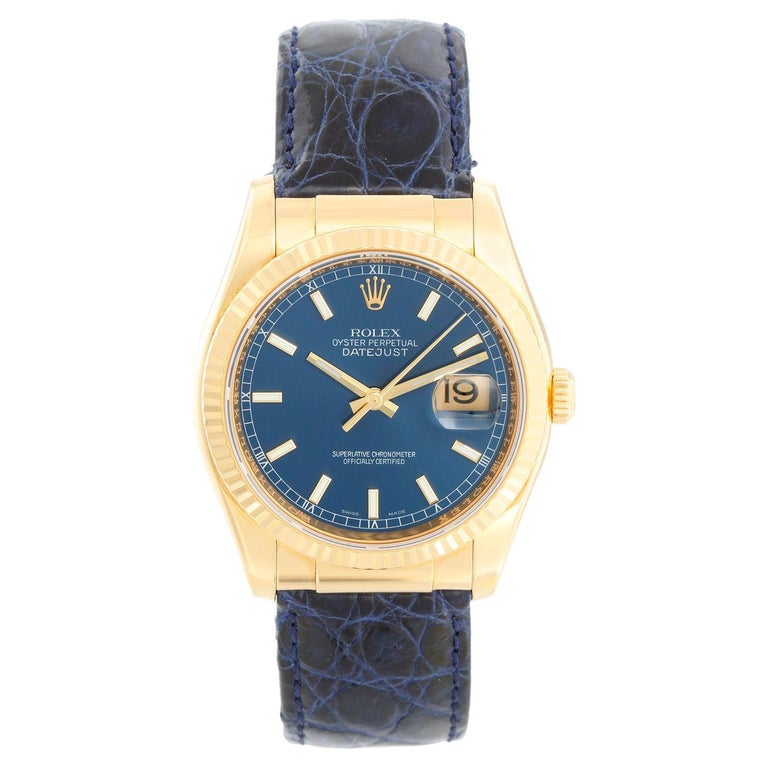 Rolex Datejust 18k Yellow Gold Men's Watch on Leather Strap Band 116138 ...