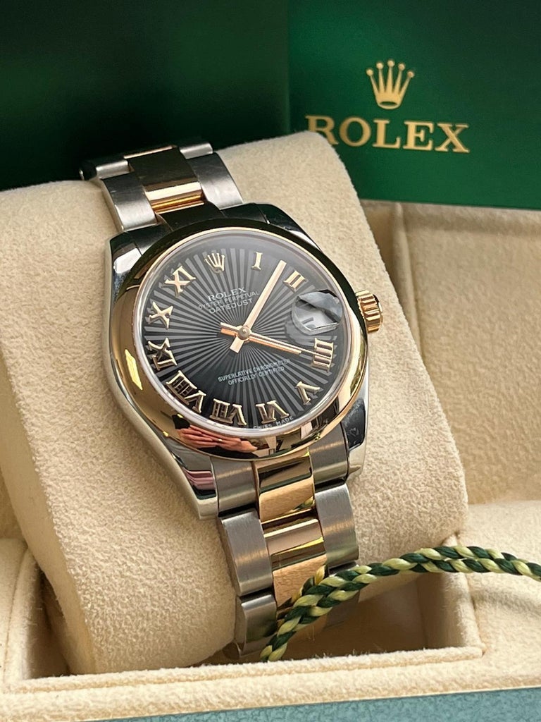Rolex Datejust Midsize Sunbeam Black Dial Rose Gold Oyster Watch 178241 ...