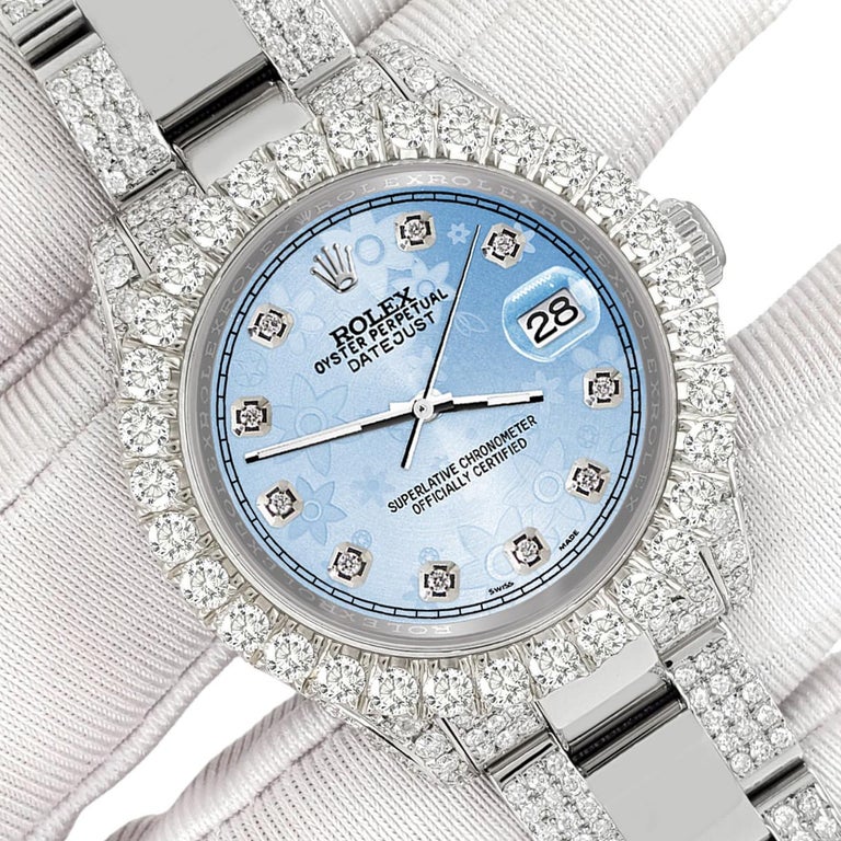 Rolex Datejust Pave 7.2 Carat Iced Diamond Blue Flower Track Watch ...