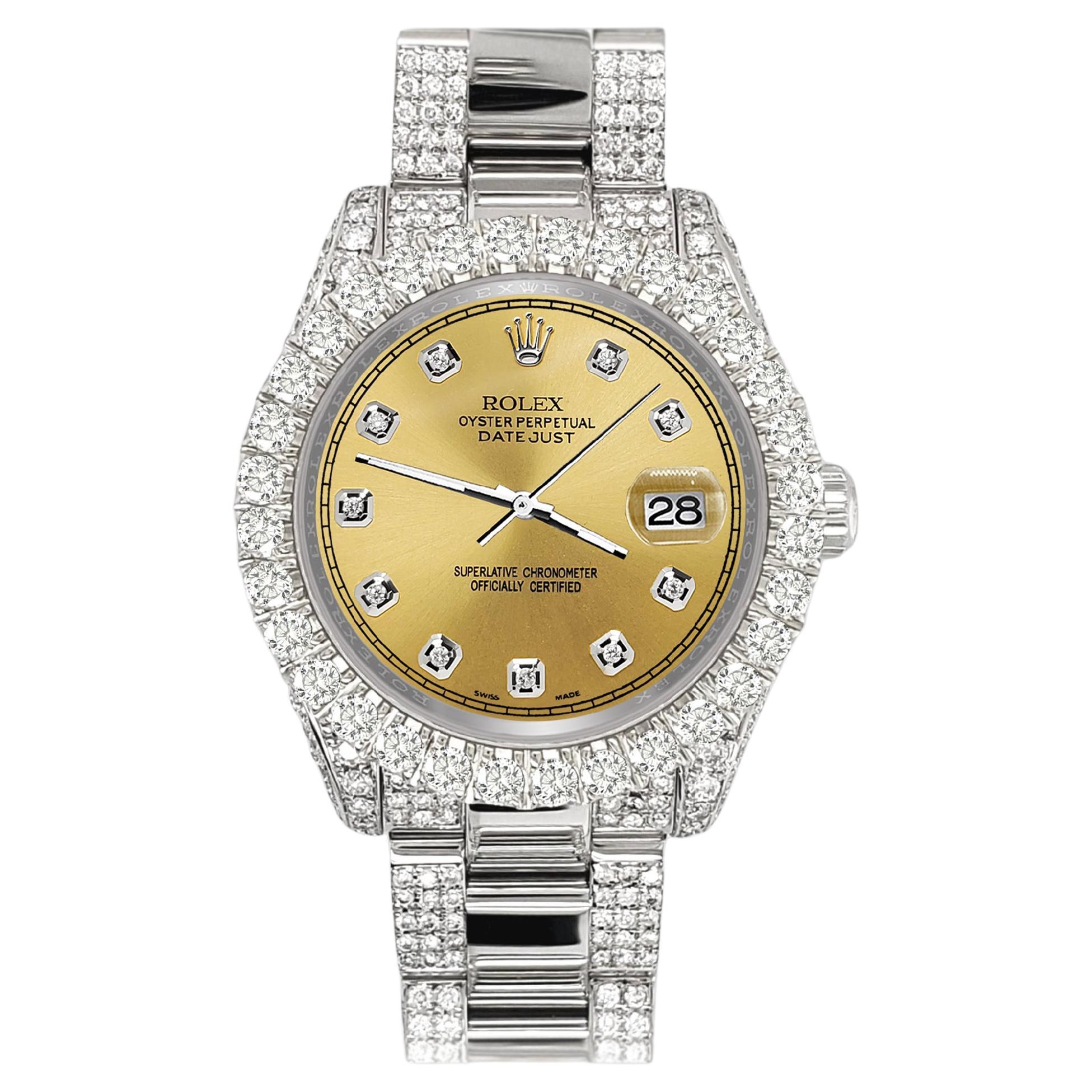 Rolex Datejust Pave 7.2ct Iced Diamond Champagne Track Dial Watch ...