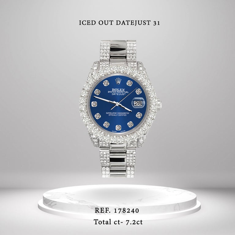 Rolex Datejust Pave 7.2 Carat Iced Diamond Cobalt Blue Watch 178240 For ...