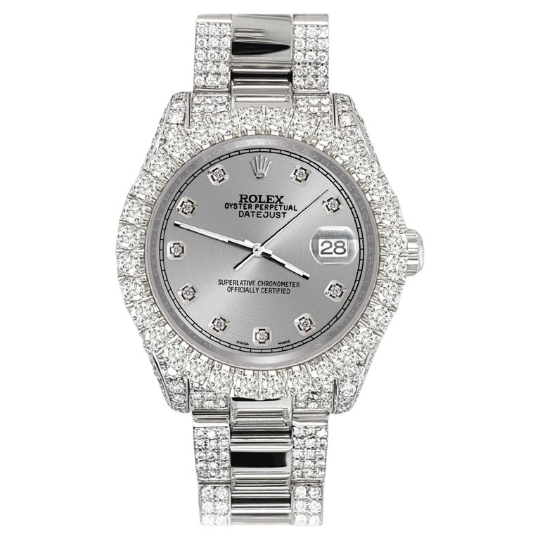 Rolex Datejust Pave 7.2 Carat Iced Diamond Gray Track Dial Oyster Watch ...