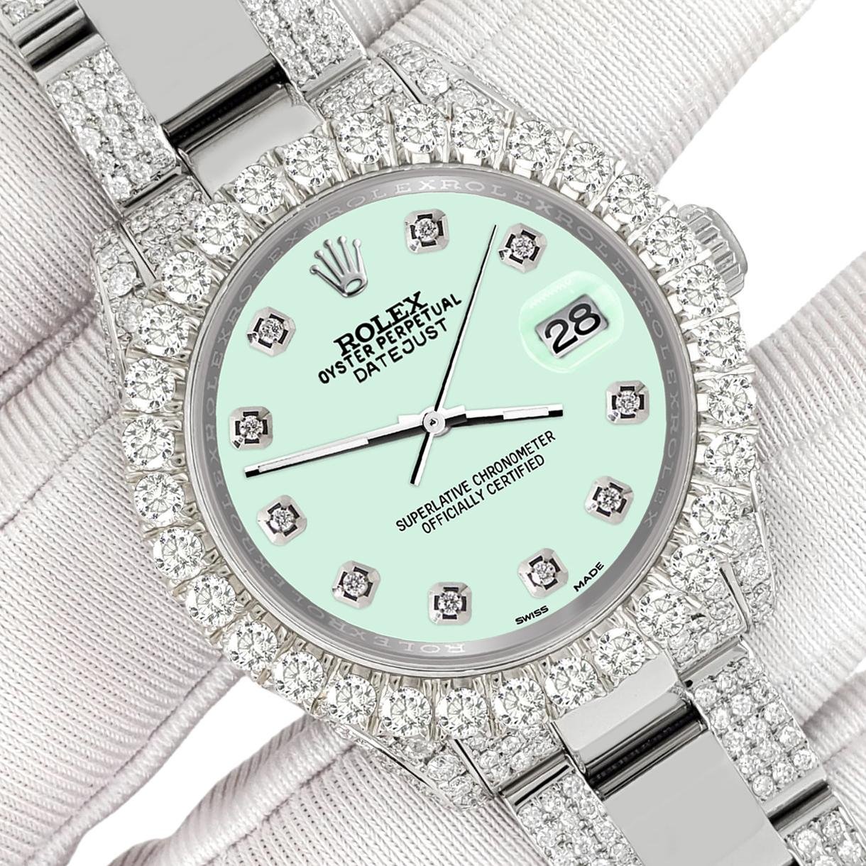 Rolex Datejust Pave 7.2ct Iced Diamond Light Malachite Watch 178240 For ...