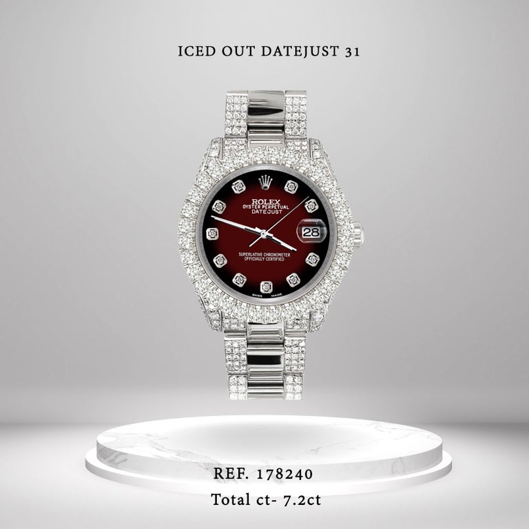 Rolex Datejust Pave 7.2ct Iced Diamond Maroon Vignette Watch 178240 For ...
