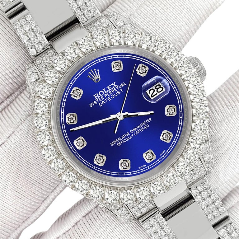 Rolex Datejust Pave 7.2 Carat Iced Diamond Navy Blue Track Watch 178240 ...