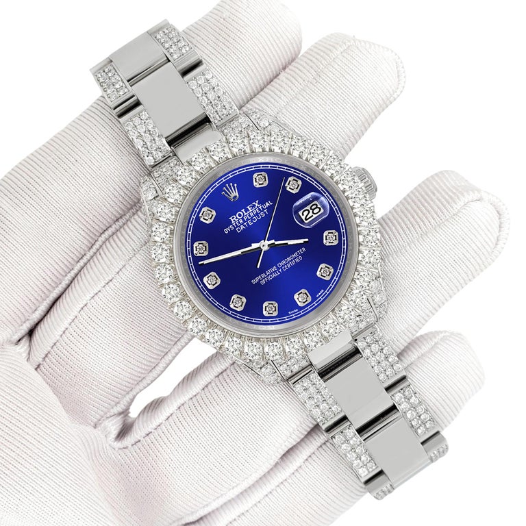 Rolex Datejust Pave 7.2 Carat Iced Diamond Navy Blue Track Watch 178240 ...