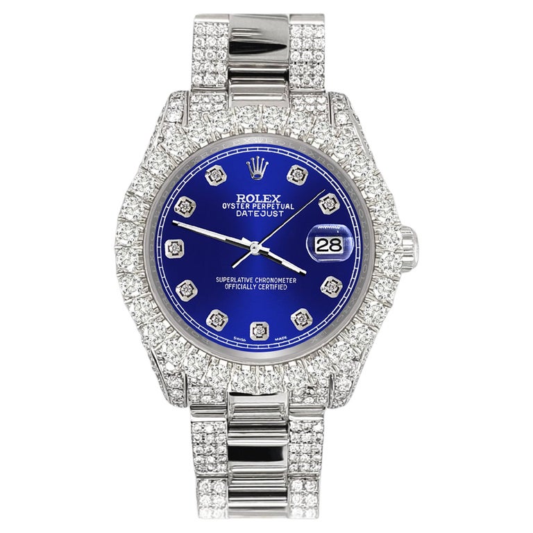 Rolex Datejust Pave 7.2 Carat Iced Diamond Navy Blue Track Watch 178240 ...