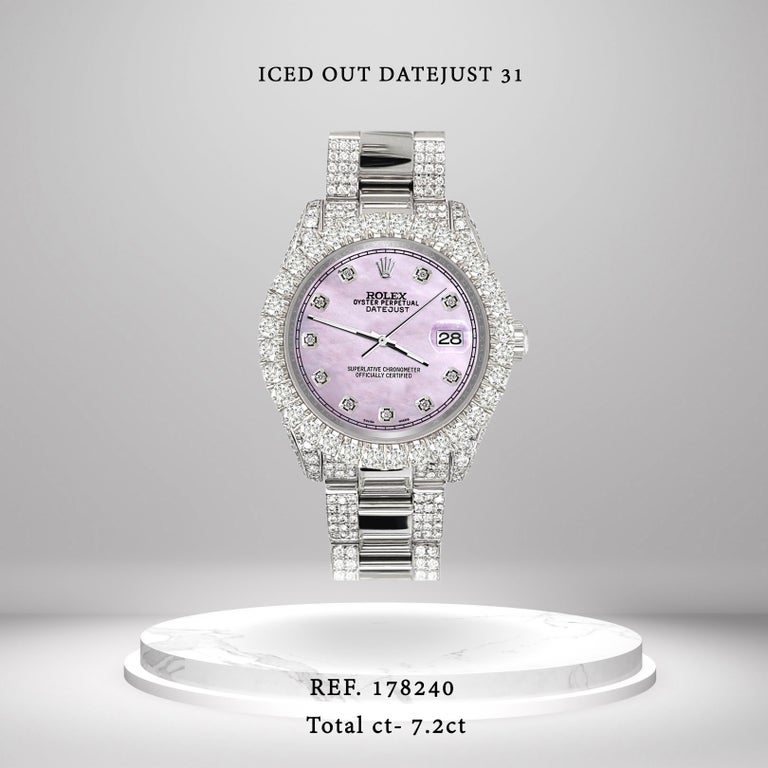 Rolex Datejust Pave 7.2 Carat Iced Diamond Pink Pearl Track Watch ...