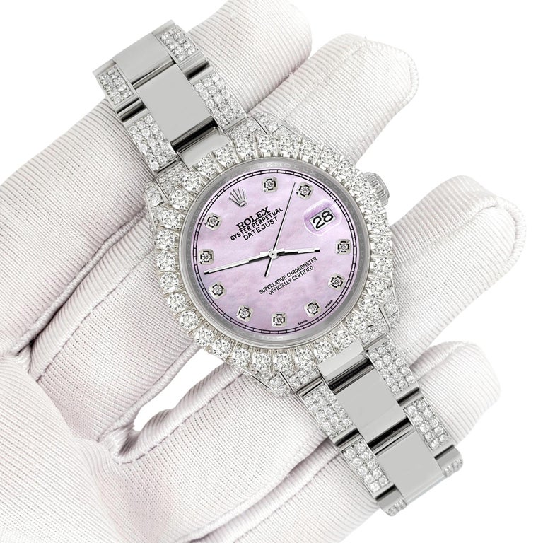 Rolex Datejust Pave 7.2 Carat Iced Diamond Pink Pearl Track Watch ...