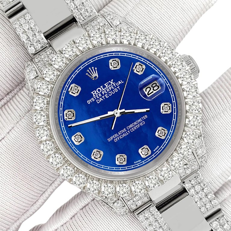 Rolex Datejust Pave 7.2ct Iced Diamond Royal Blue MOP Track Watch ...