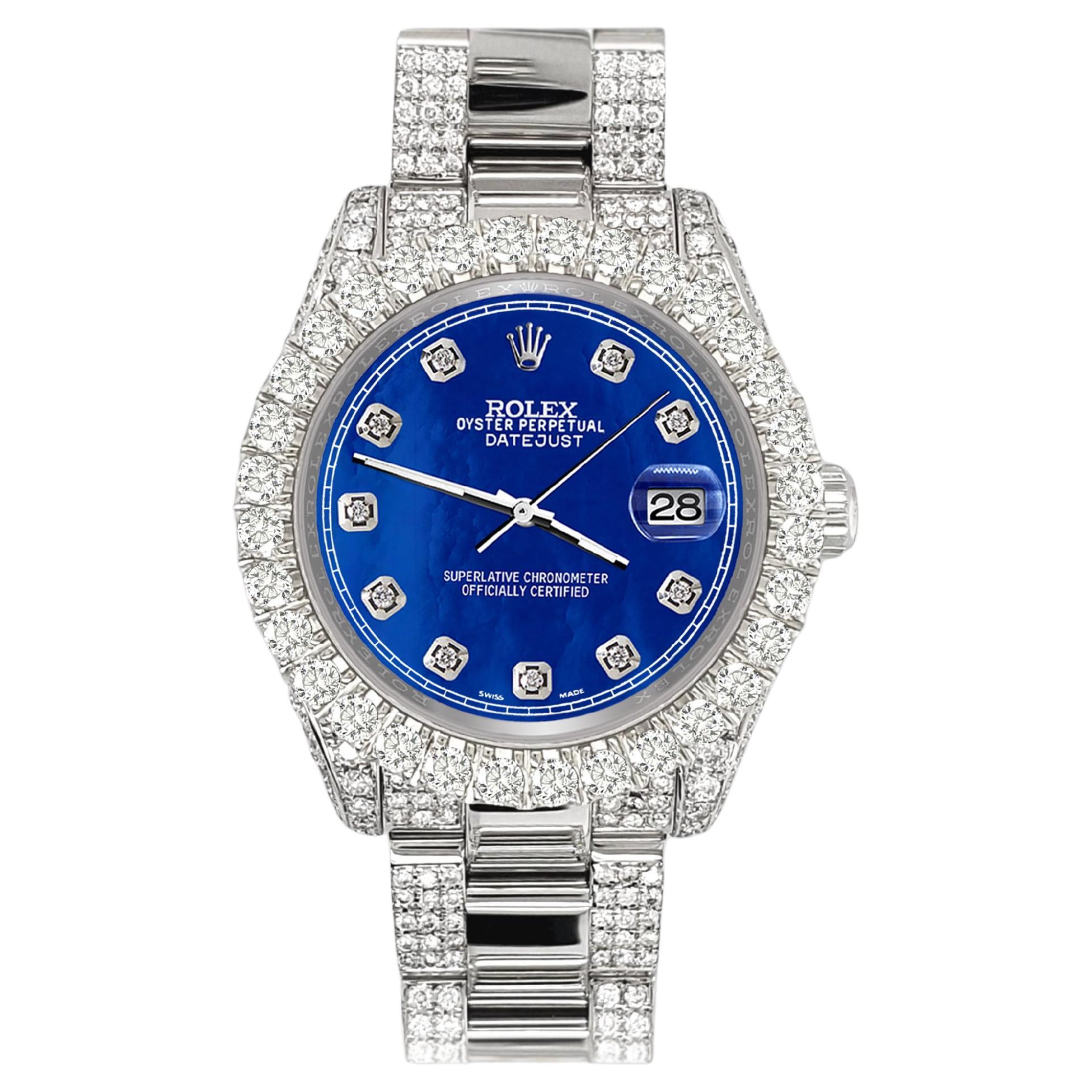 Rolex Datejust Pave 7.2ct Iced Diamond Royal Blue MOP Watch 178240 For ...