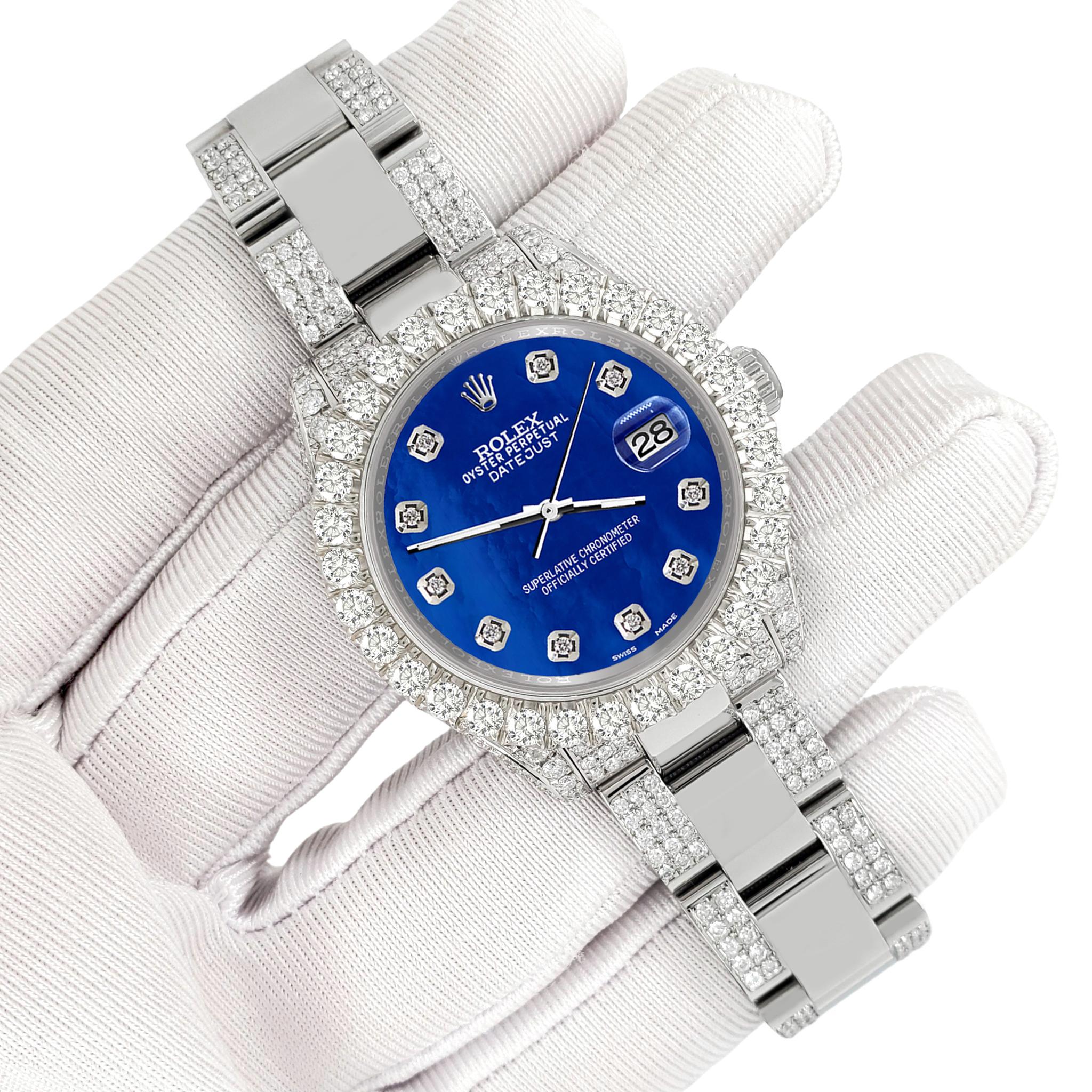 Rolex Datejust Pave 7.2ct Iced Diamond Royal Blue MOP Watch 178240 For ...