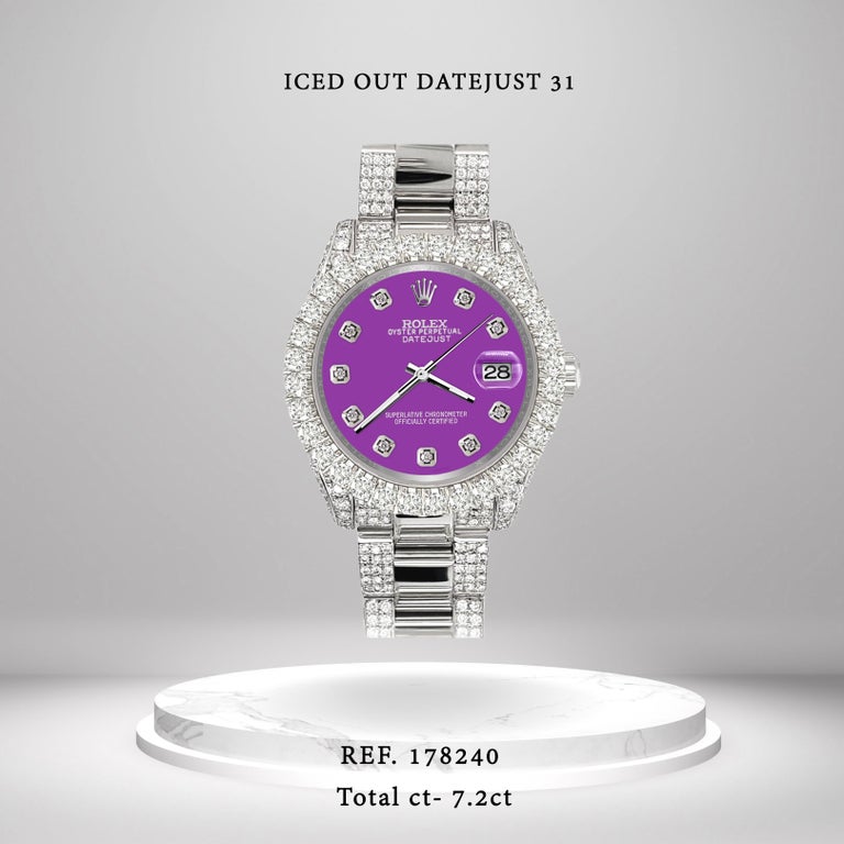 Rolex Datejust Pave 7.2ct Iced Diamond Sangria Purple Watch 178240 For ...