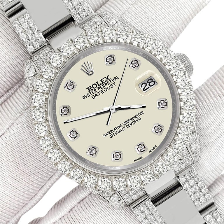 Rolex Datejust Pave 7.2 Carat Iced Diamond Satin Linen Dial Oyster ...
