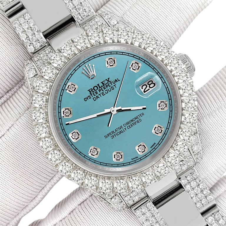 Rolex Datejust Pave 7.2ct Iced Diamond Turquoise Track Watch 178240 For ...