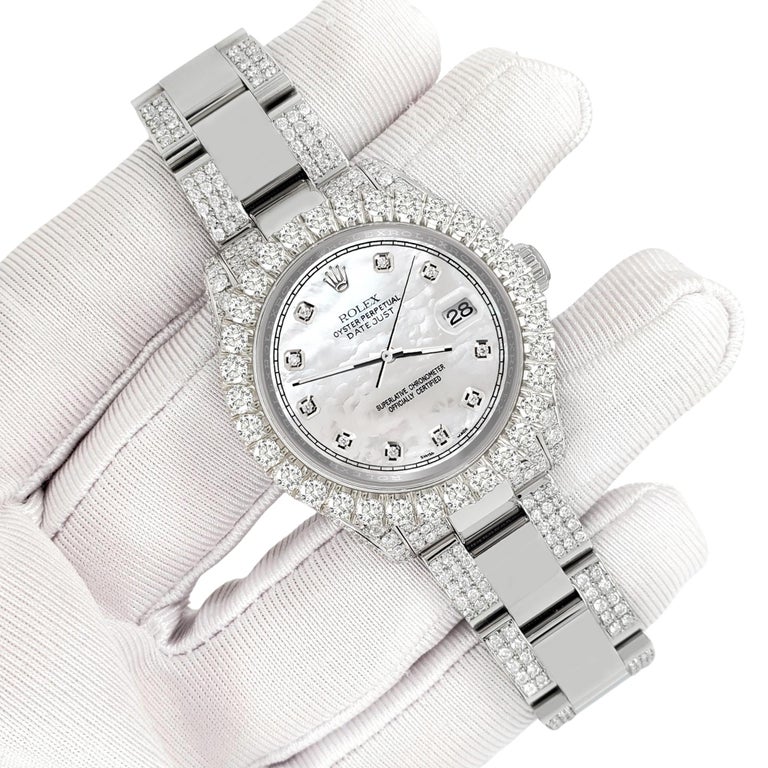 Rolex Datejust Pave 7.2ct Iced Diamond White MOP Track Dial Watch ...