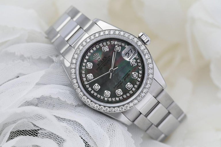 Rolex Datejust Stainless Steel Watch Black Mother of Pearl String Dial ...