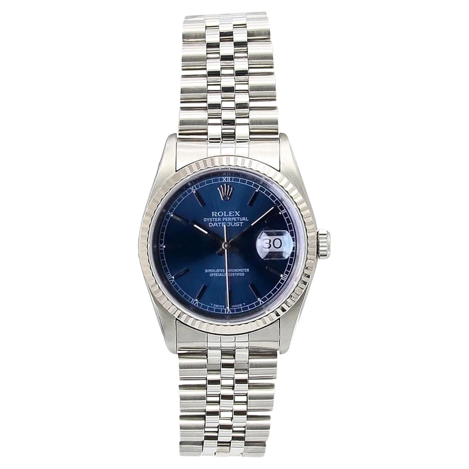 Rolex Datejust 36 16234 Blue Soleil Dial, Circle Hours, Full Set - Luxury Watch For Sale at 1stDibs